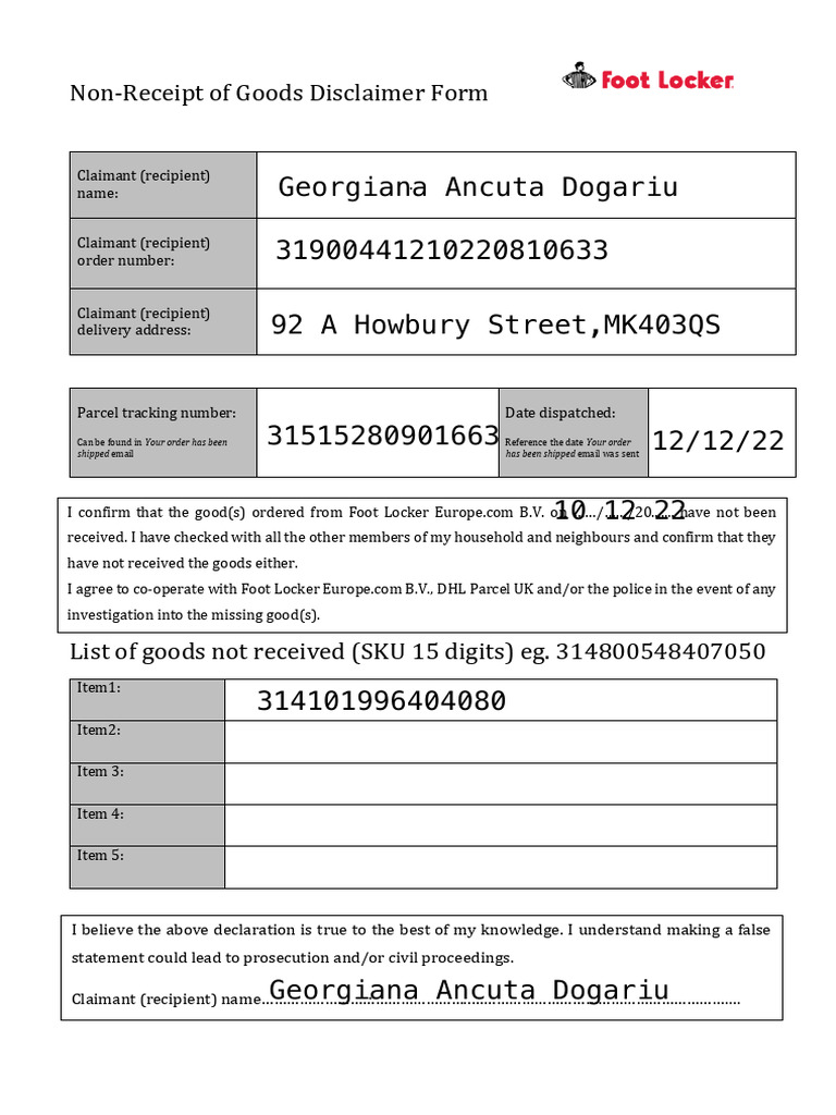 FLE Goods Not Received Declaration DHL | PDF