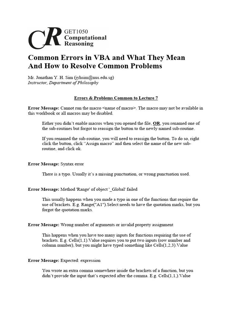 Common Error Messages In Vba And What They Mean Pdf Microsoft Excel Macro Computer Science 5444