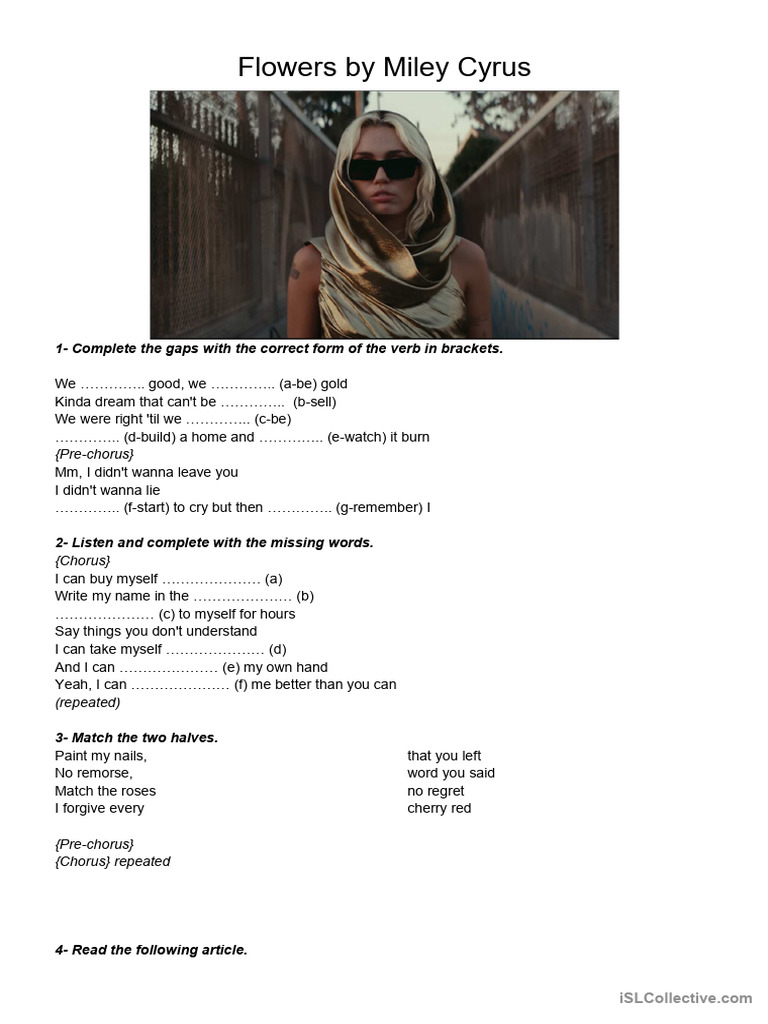 Flowers by Miley Cyrus - Vocabulary and Listening Comprehension | PDF
