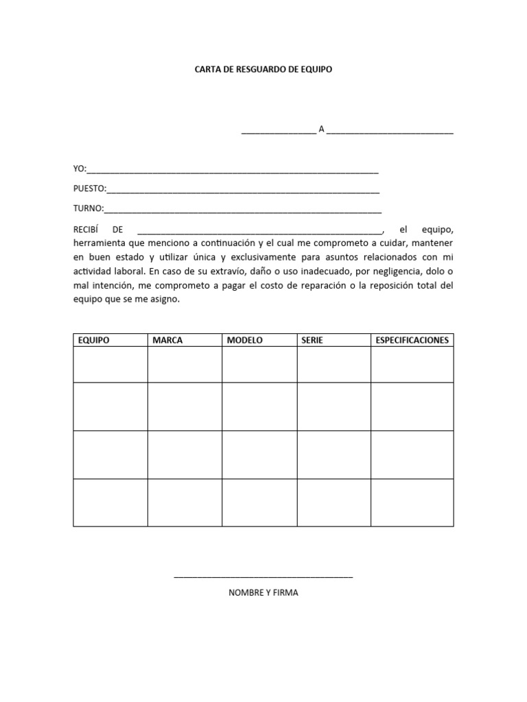 Carta de Resguardo de Equipo | PDF