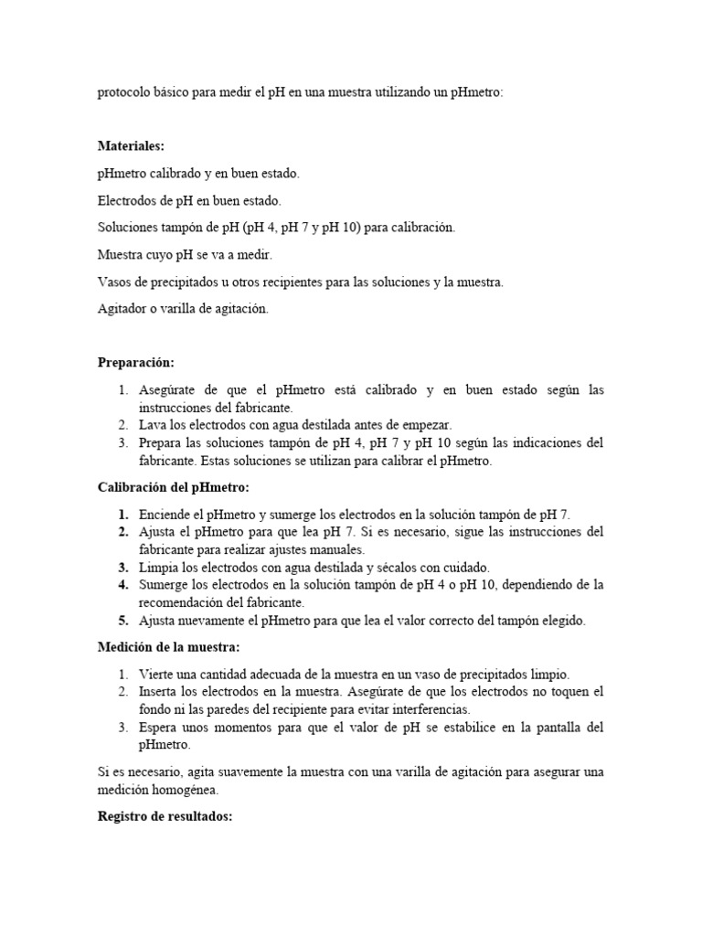 Protocolo Básico para Medir El PH en Una Muestra Utilizando Un Phmetro | PDF