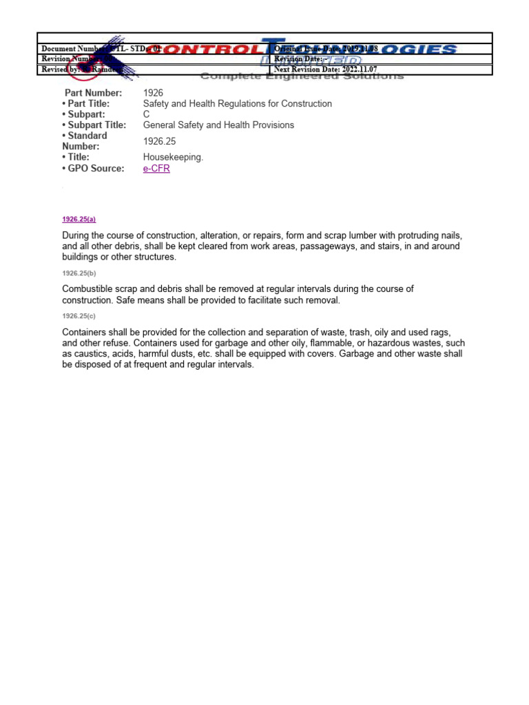OSHA CFR - Housekeeping Standard | PDF