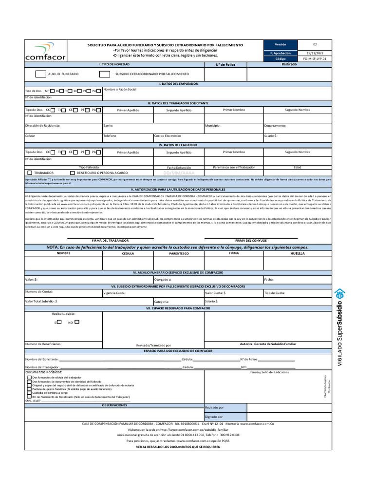 FO-MISF-LYP-01 Solicitud para Auxilio Funerario y Subsidio ... FO-MISF-LYP-01 Solicitud para Auxilio Funerario y Subsidio ...