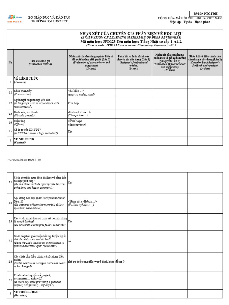 BM.09-PTCTĐH -Phiếu Phản Biện Và Yc Xd Học Liệu JPD123 Phan Hoi | PDF