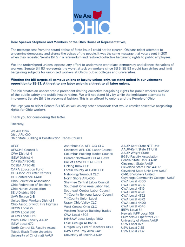 We Are Ohio Letter To StephensLetter - sb83 | PDF | Ohio | Trade Union