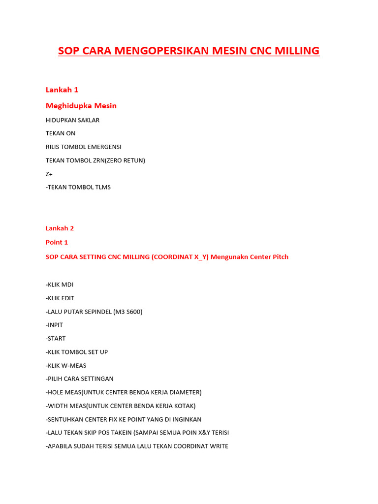 Sop Cara Mengopersikan Mesin CNC Milling | PDF