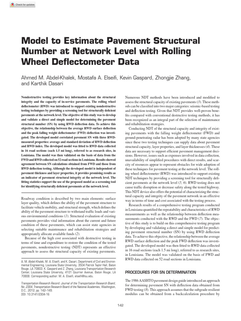Abdel Khalek Et Al 2012 Model To Estimate Pavement Structural Number At Network Level With