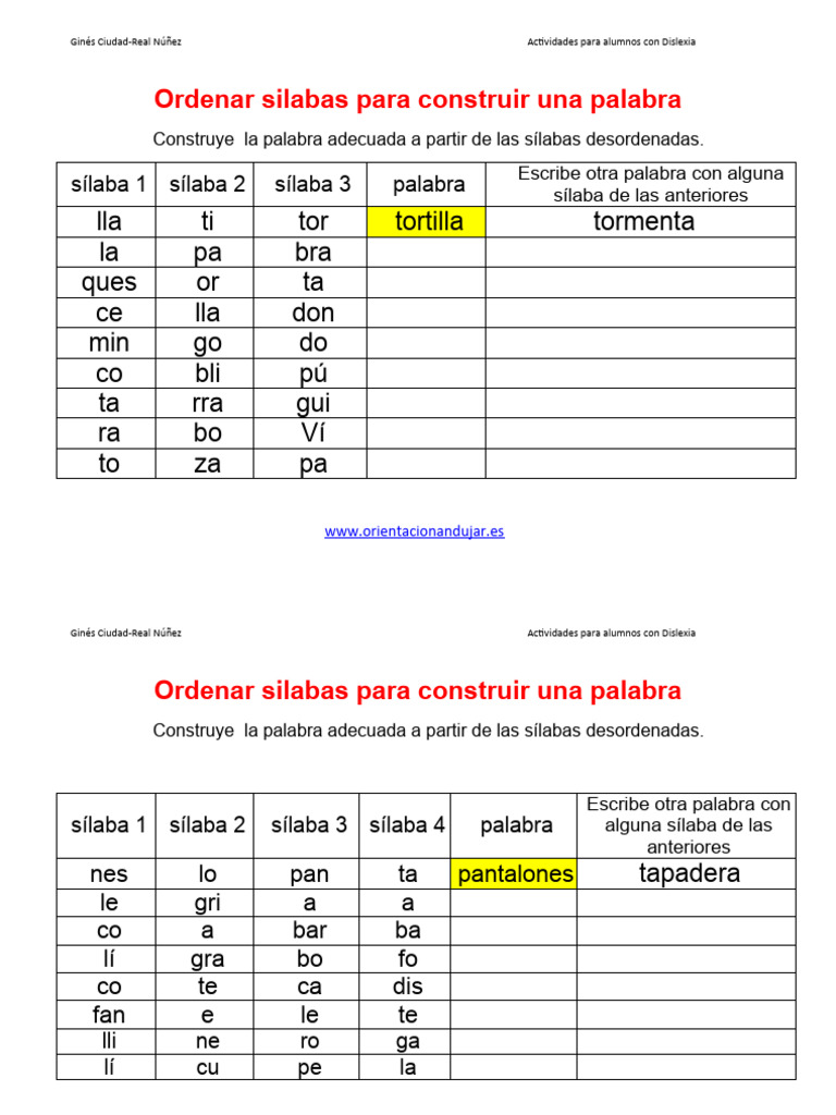 Ejercicios Dislexia Ordenar Sílabas para Construir Una Palabra ...