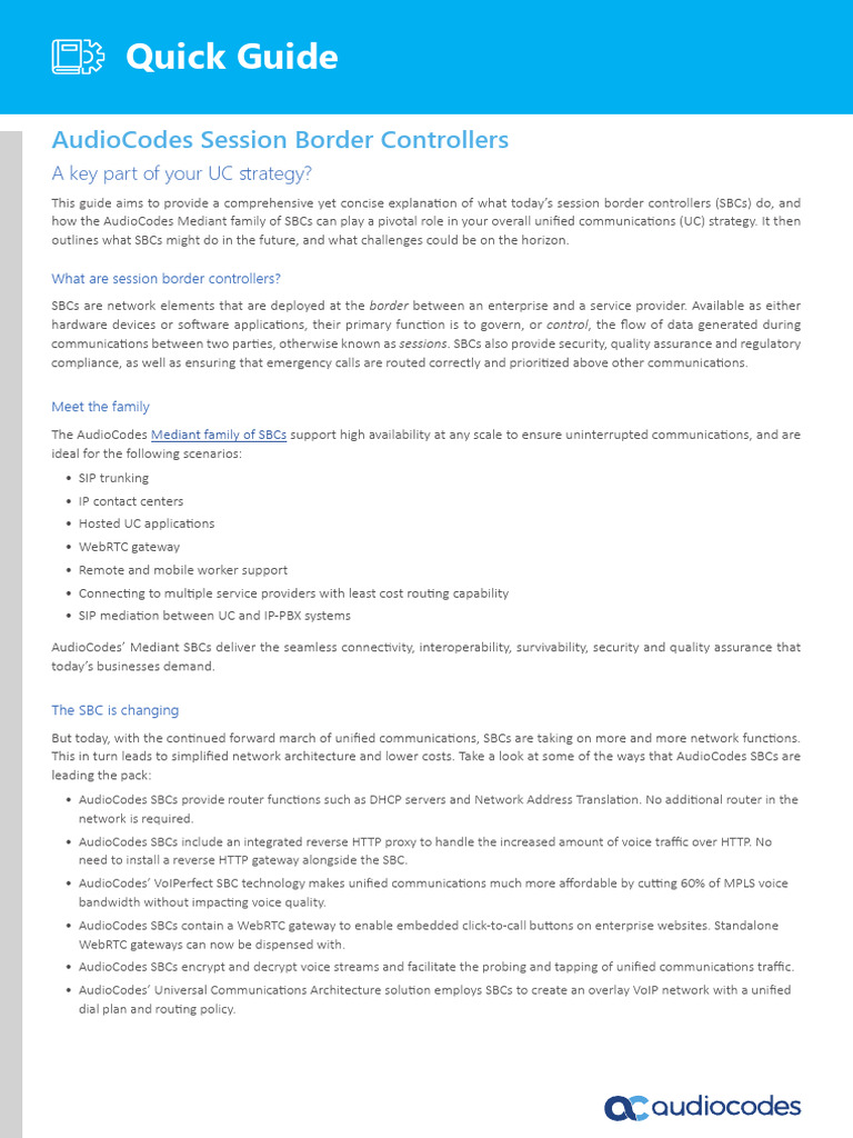 Audiocodes Session Border Controllers A Key Part Of Your Uc Strategy Pdf Internet Computer