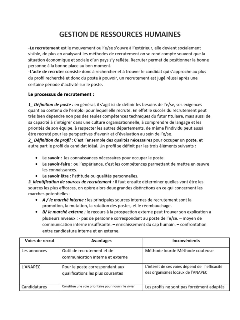 Gestion de Ressources Humaines: Le Processus de Recrutement | PDF ...