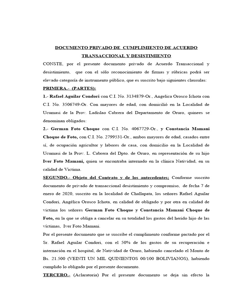DOCUMENTO PRIVADO DE ACUERDO TRANSACCIONAL Okkkk | PDF