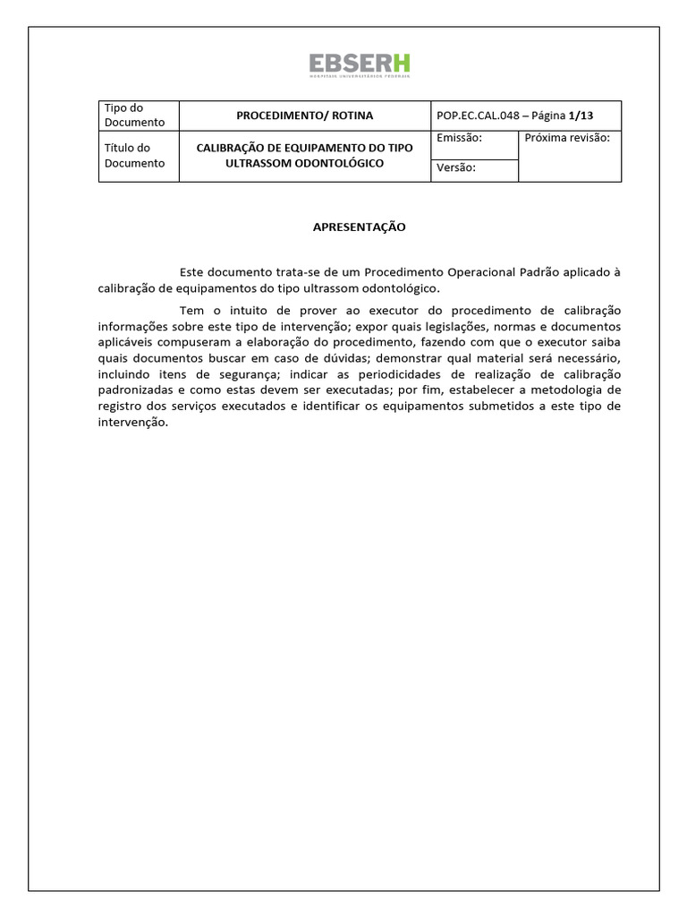 POP - EC.CAL.048 UltrassomOdontológico | PDF | Metrologia
