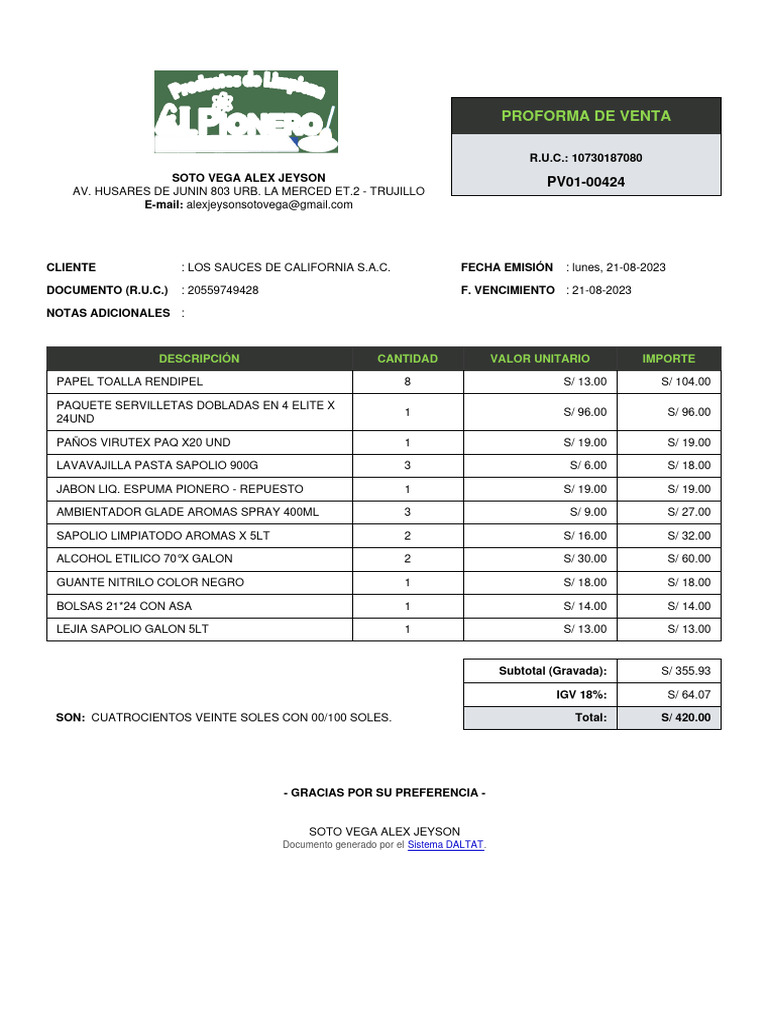 Proforma-N° PV01-00424 | PDF