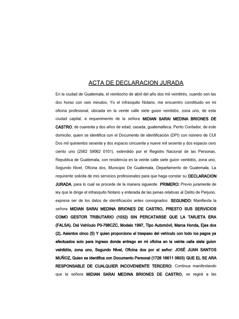 Acta de Declaracion Jurada | PDF