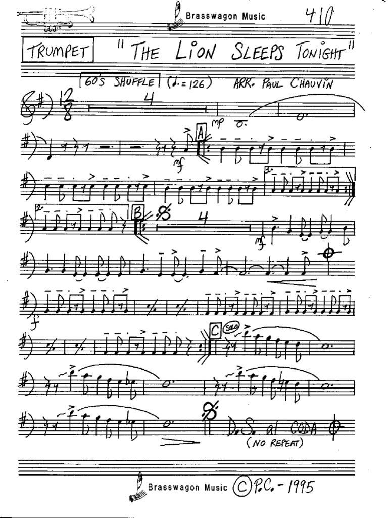 Lion Sleeps Tonight Brass Quintet TRPT | PDF