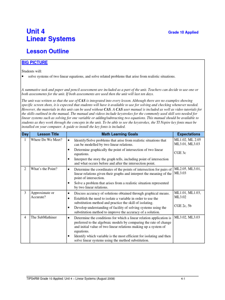MFM2P Unit 4 Linear Systems | PDF | System Of Linear Equations | Equations