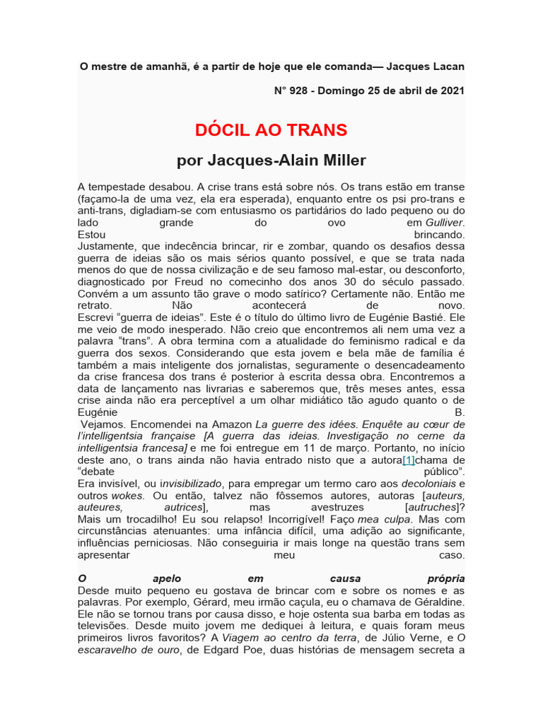 Dócil Ao Trans - Miller | PDF | Jacques Lacan | Sigmund Freud