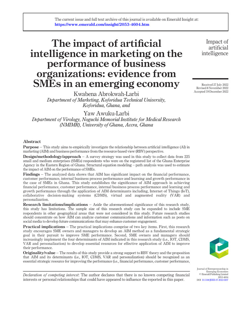 The Impact of Arti Ficial Intelligence in Marketing On The Performance ...