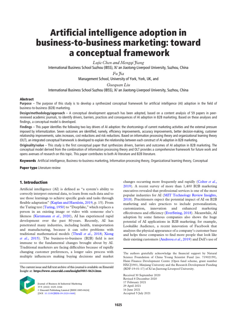 Arti Ficial Intelligence Adoption in Business-To-Business Marketing: Toward A Conceptual ...