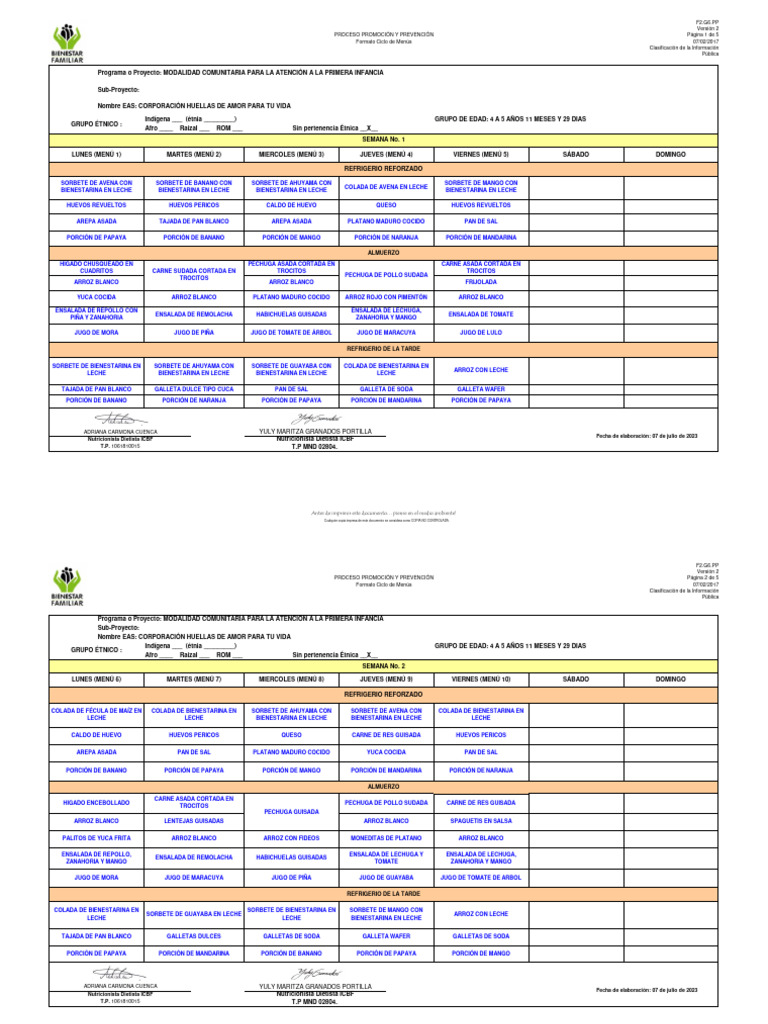 CICLO DE MENÚS 4 A 5 AÑOS - Ajustes MES - JULIO 2023 | PDF | Dietético ...
