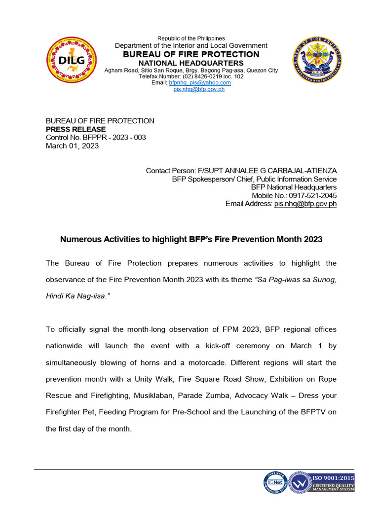 BFP Fire Prevention Month 2023 Activities | PDF | Fire Safety | Firefighter