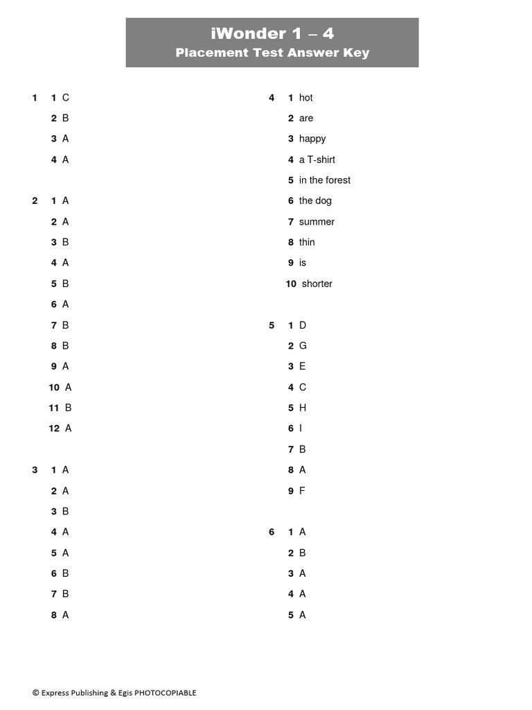 iWonder Placement Test Key | PDF