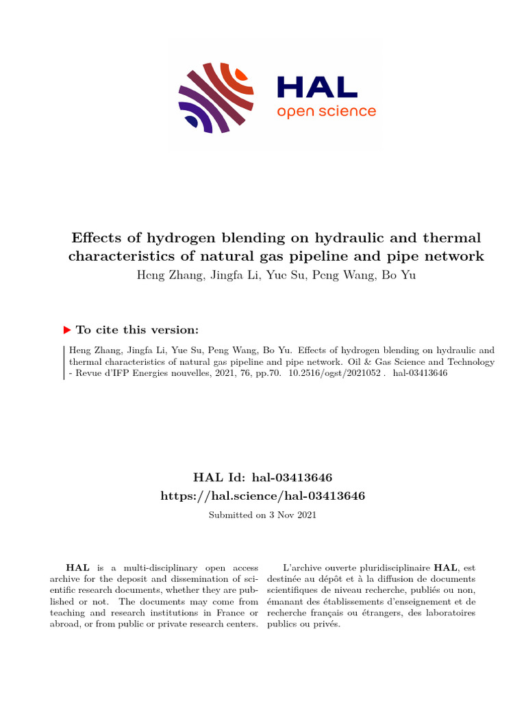 Effects of Hydrogen Blending On Hydraulic and Thermal Characteristics ...