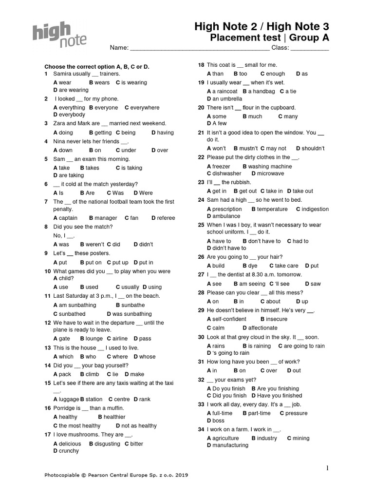 HighNote2 3 Placement Test A | PDF | Trials