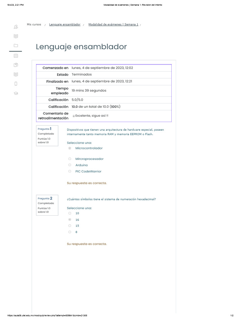 Modalidad de Exámenes - Semana 1 - Revisión Del Intento - LA | PDF | Microcontrolador | Lenguaje ...