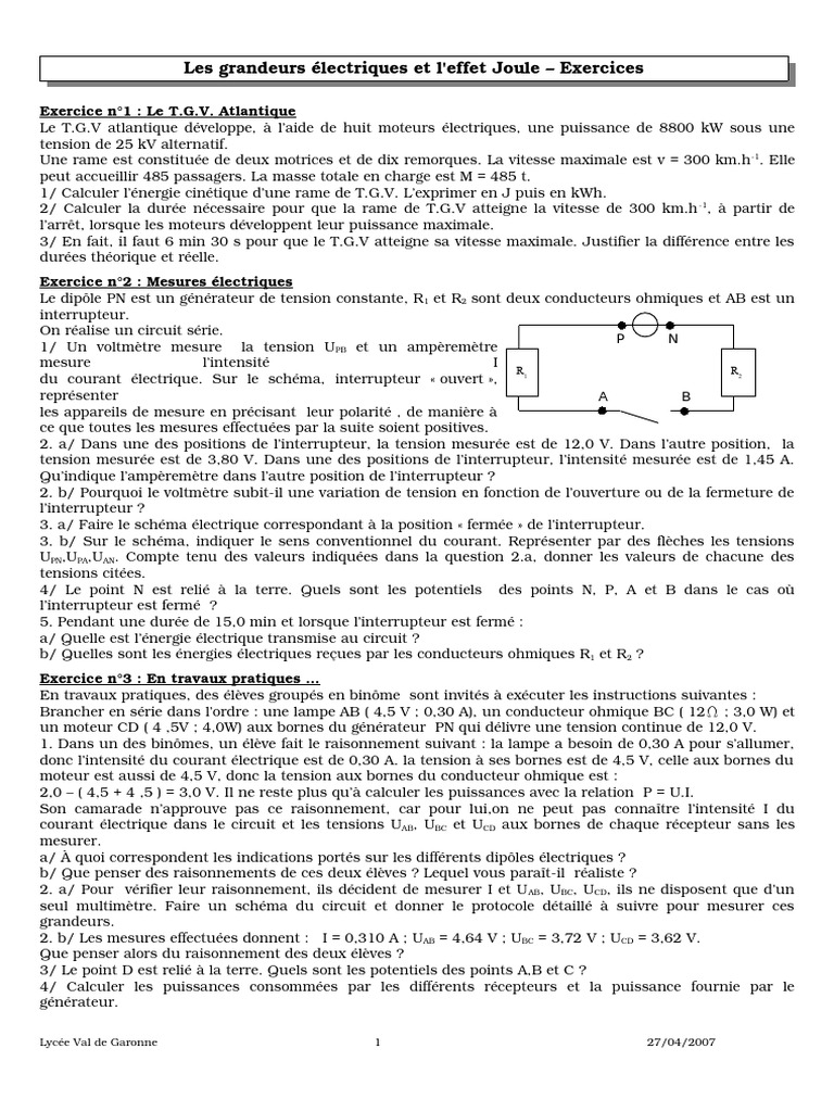 Exercices sur grandeurs électriques et effet Joule | PDF | Tension électrique | Puissance (physique)