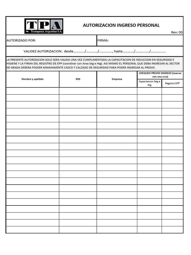 Autorizacion de Ingreso Personal en Guardia | PDF