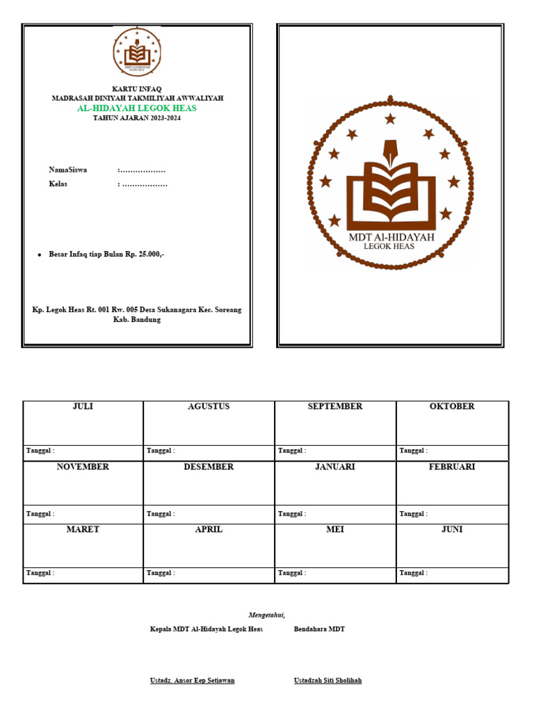 Kartu Infaq MDT Al-Hidayah 2023-2024 | PDF