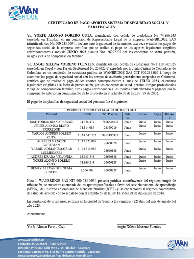 Certificación Pagos Seguridad Social Junio-Julio | PDF