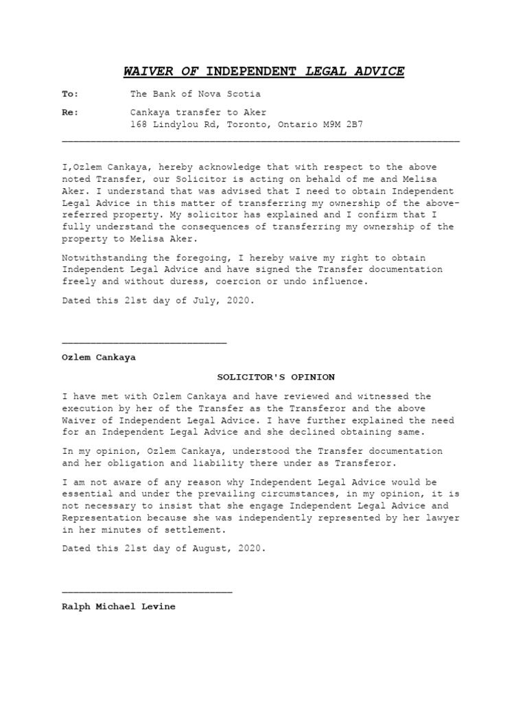 Waiver of Independent Legal Advice | PDF