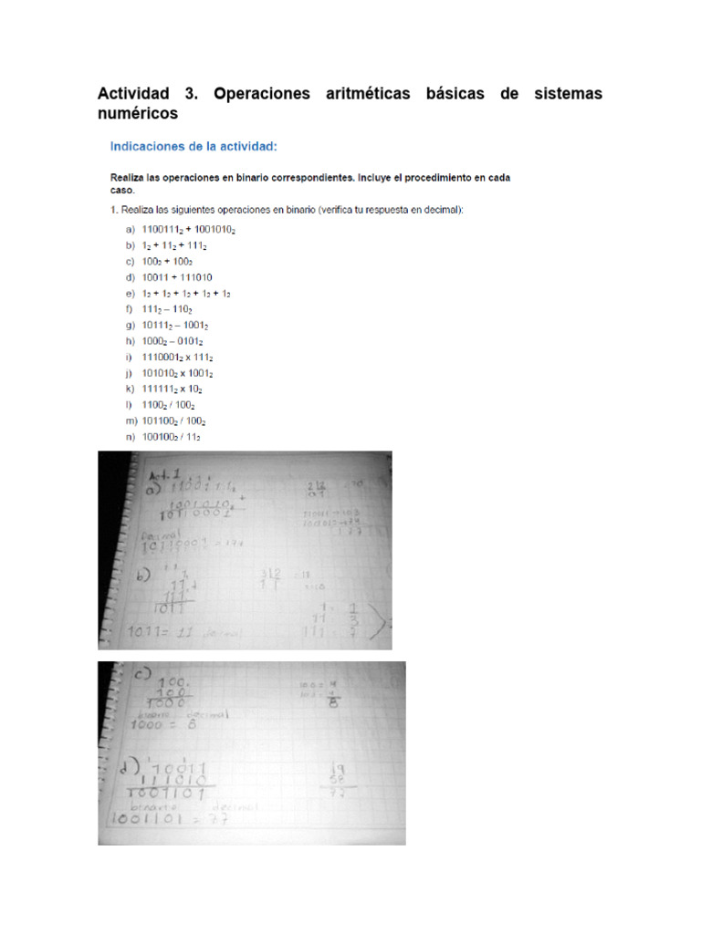Actividad 3. Operaciones Aritméticas Básicas de Sistemas Numéricos | PDF