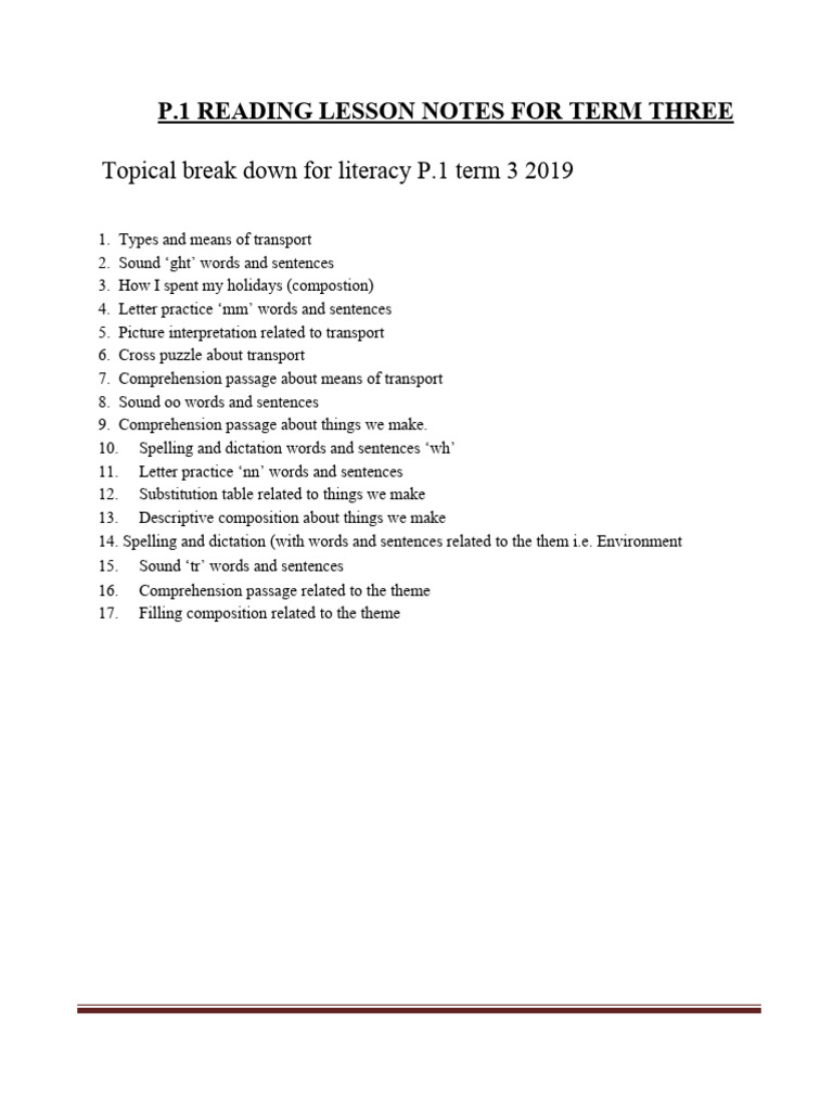P.1 Reading Lesson Notes For Term Three | PDF | Language Arts & Discipline