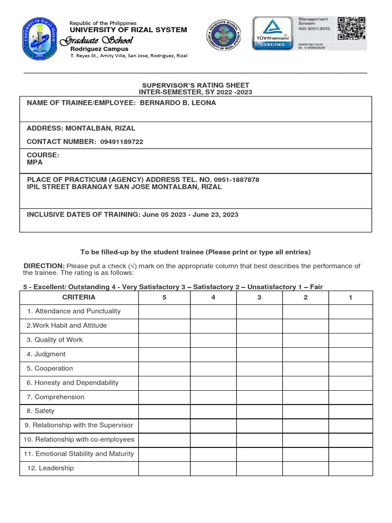 Supervisor's Rating Final | PDF | Business