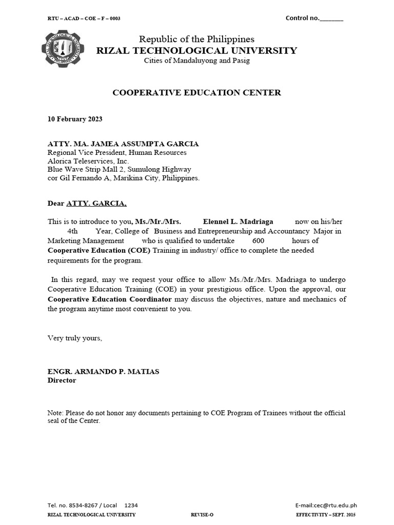 Cooperative Education Request | PDF