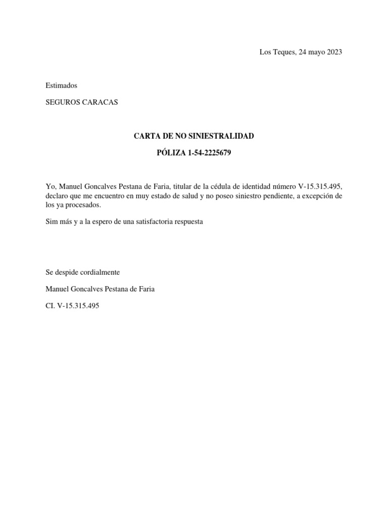 Carta de No Siniestralidad PÓLIZA 1-54-2225679 | PDF