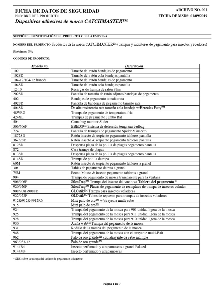 Catchmaster Adhesive Devices Spanish SDS 1-9-19 | PDF | Agua ...