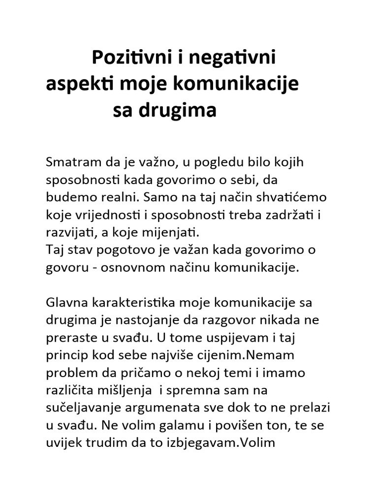 Pozitivni I Negativni Aspekti Moje Komunikacije Sa Drugima | PDF