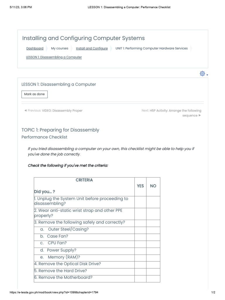 LESSON 1 - Disassembling A Computer - Performance Checklist | PDF | Computer Data Storage ...