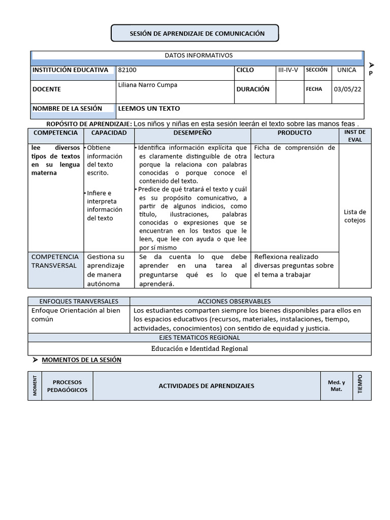 Sesiones 03-05 Comunicación Leemos Un Texto Manos Feas | PDF ...