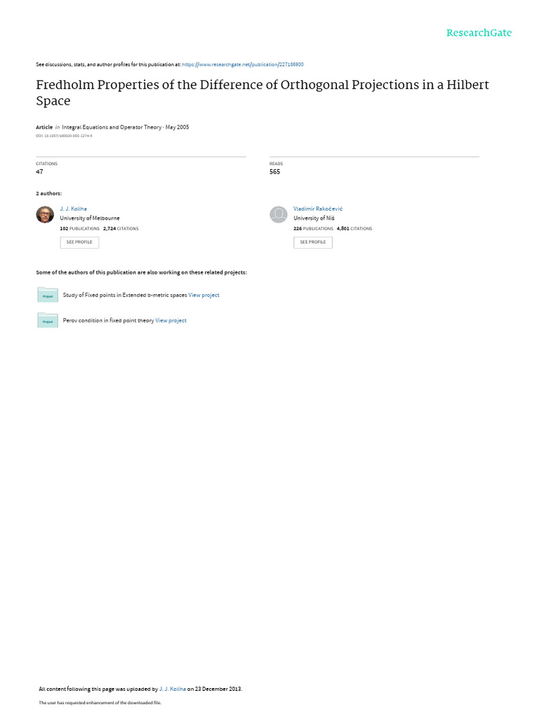 Fredholm Properties of The Difference of Orthogona | PDF | Hilbert Space | Functions And Mappings