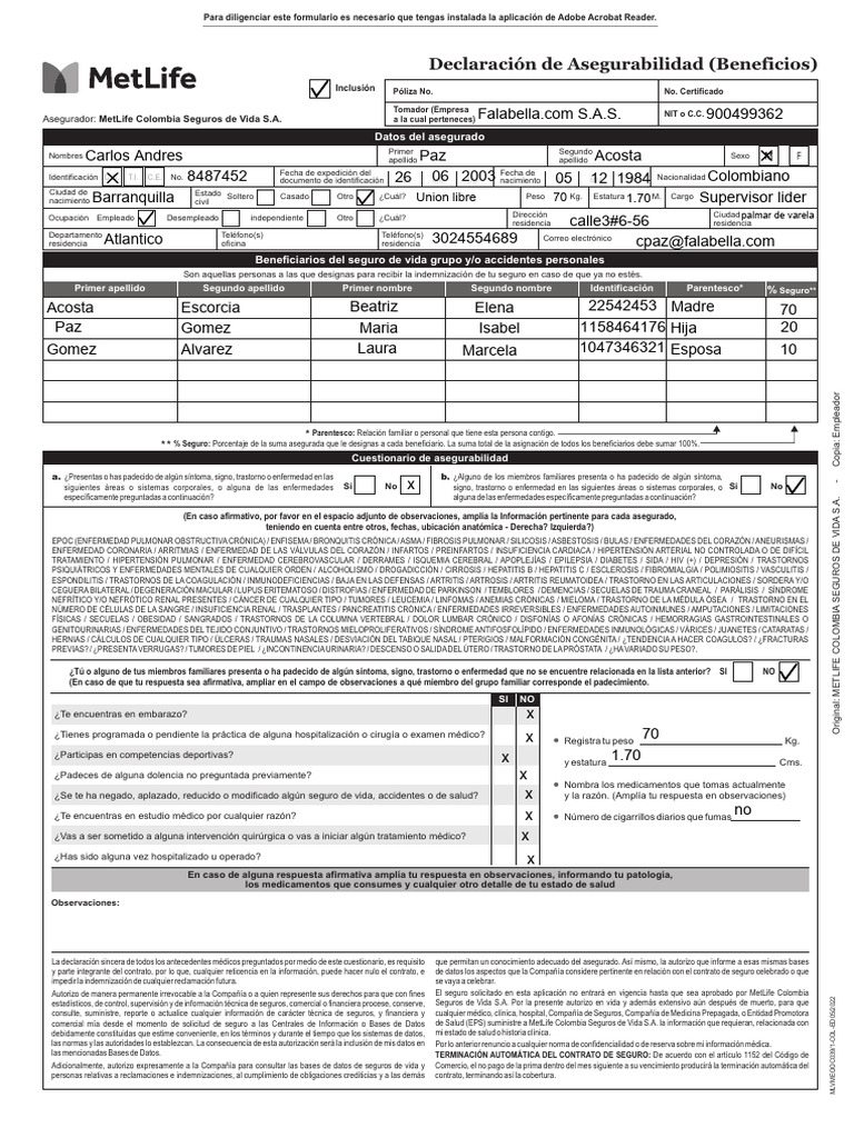 2.9 Declaración de Asegurabilidad 2023 | PDF | Seguro | Reaseguro