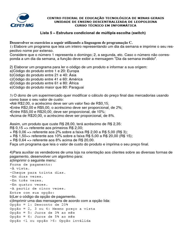 Lista 5 - Switch | PDF