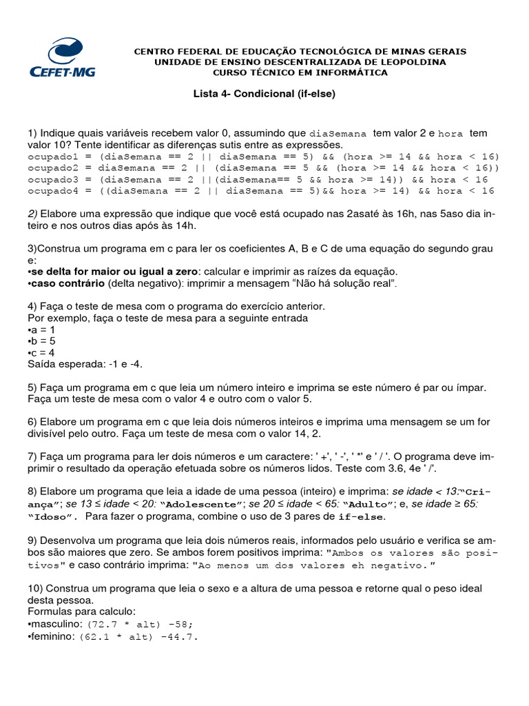 Lista 4 - Condicionais | PDF