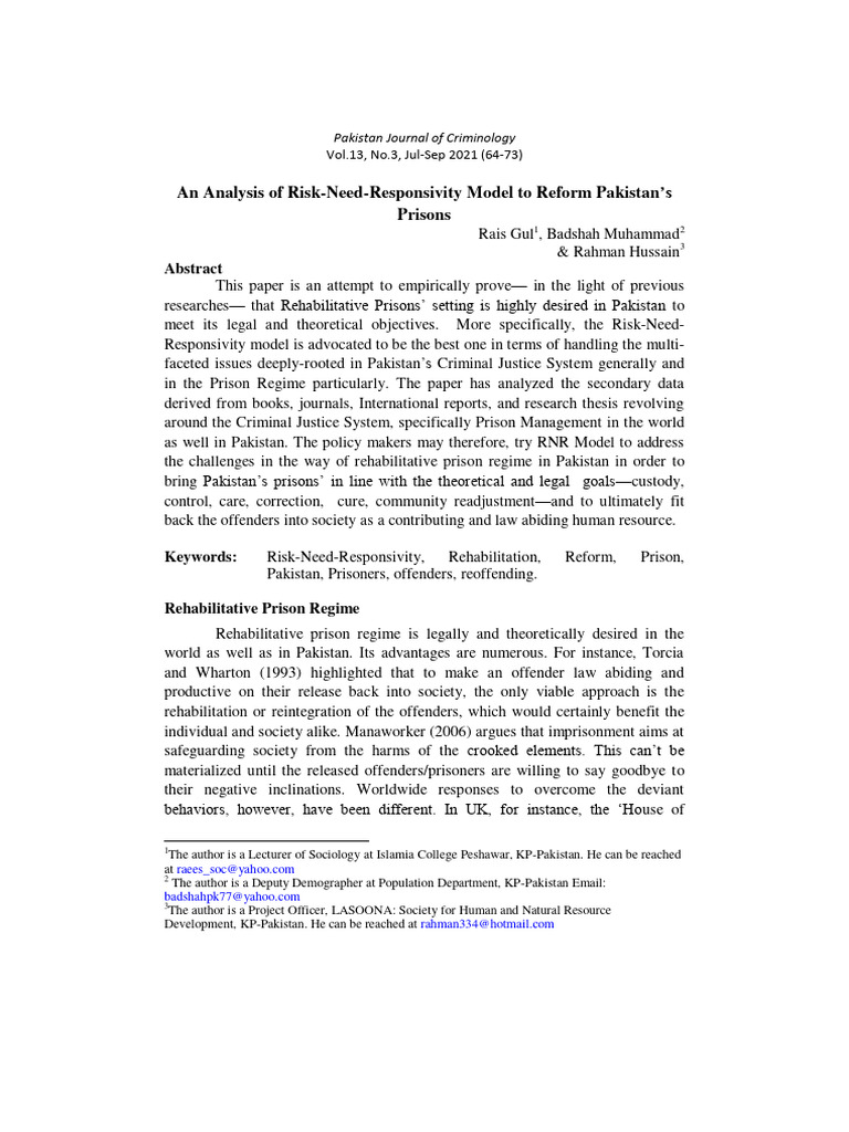 An Analysis of Risk Need Responsivity | PDF | Prison | Rehabilitation (Penology)