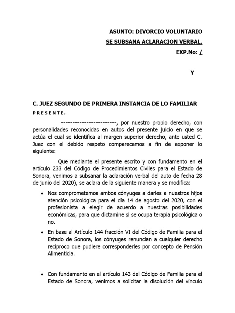 Aclaracion Verbal Sonora Pdf Divorcio Justicia