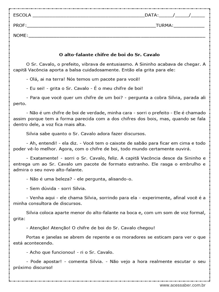 Interpretação de Texto O Alto Falante Chifre de Boi Do Sr. Cavalo 4º ...